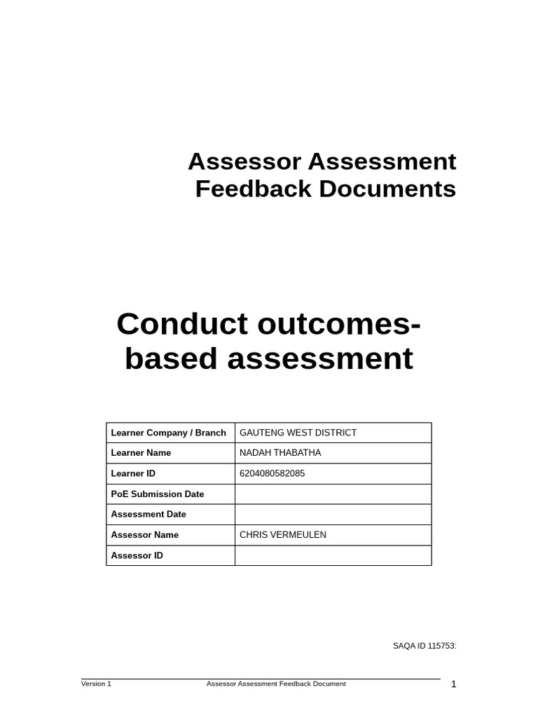 Assessor Feedback for Unit Standard 115753 | PDF | Educational ...