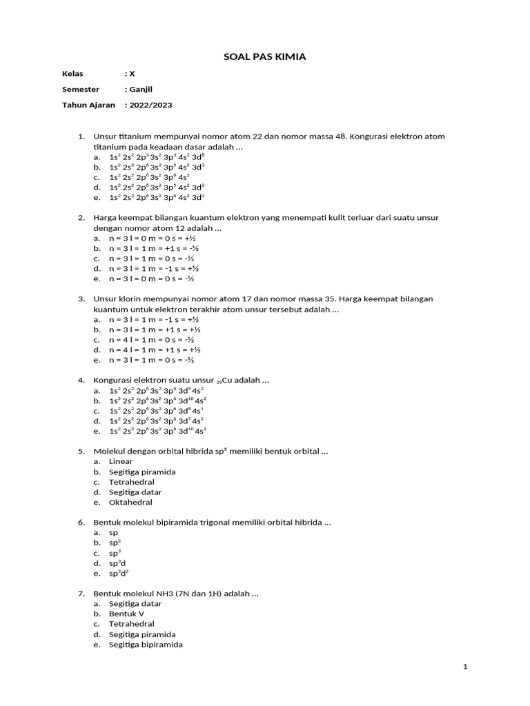 Soal PAS Kimia Kelas X Ganjil TA 2022-2023 | PDF