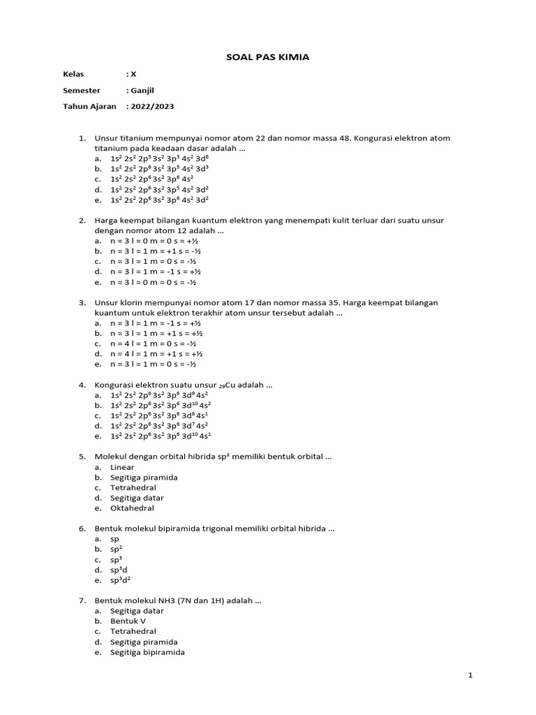 Soal PAS Kimia Kelas X Ganjil TA 2022-2023 | PDF