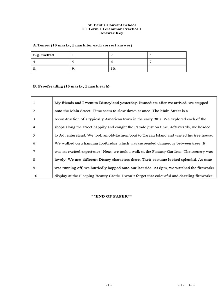 f1 Term 2 Grammar Practice I Answer Key | PDF