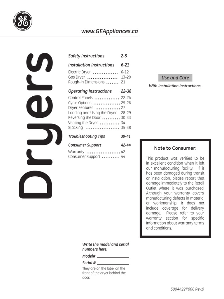 GE-Dryer-GFMN100ELWW-owners-manual | PDF | Duct (Flow) | Clothes Dryer