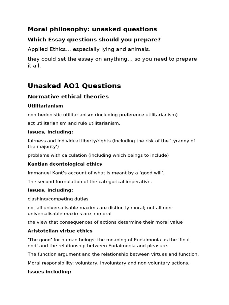 Moral Philosopy Unasked Qs 2024 | PDF | Utilitarianism | Virtue Ethics