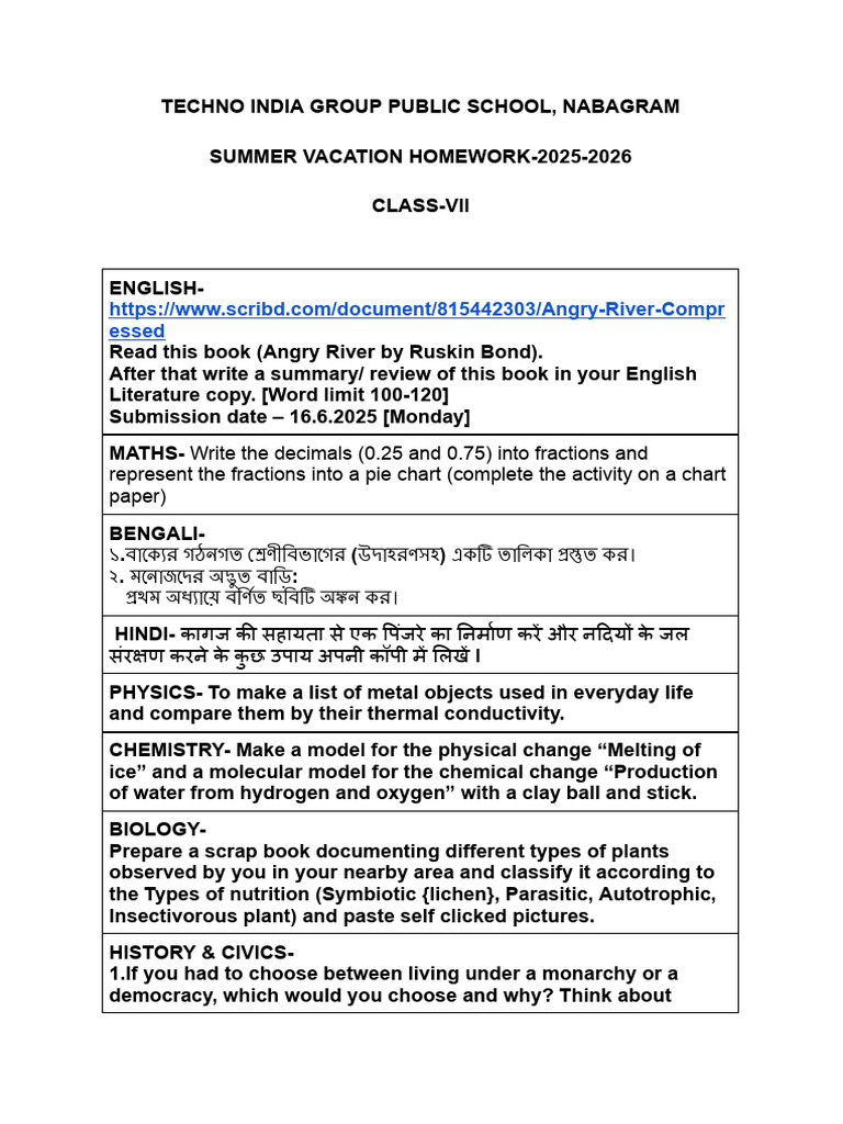 Class VII Summer Homework 2025-26 | PDF