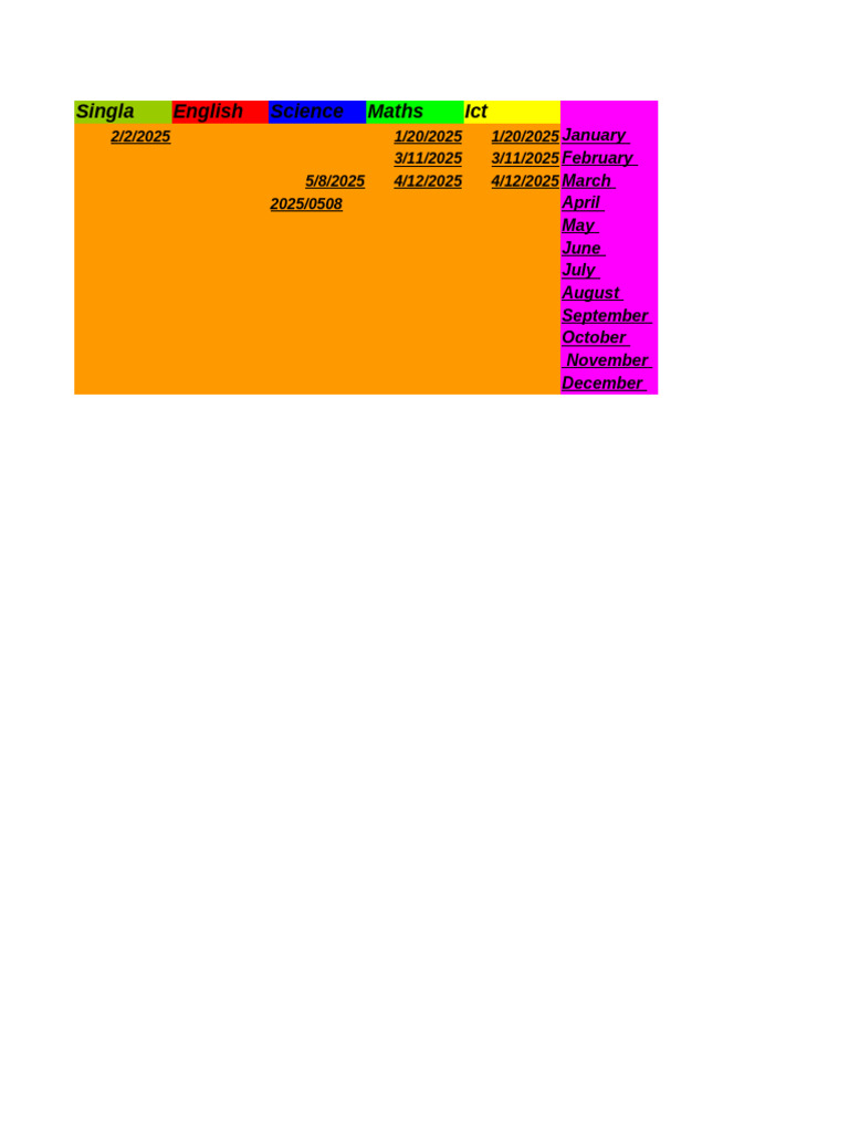 Singla English Science Maths Ict: January February March April May June ...