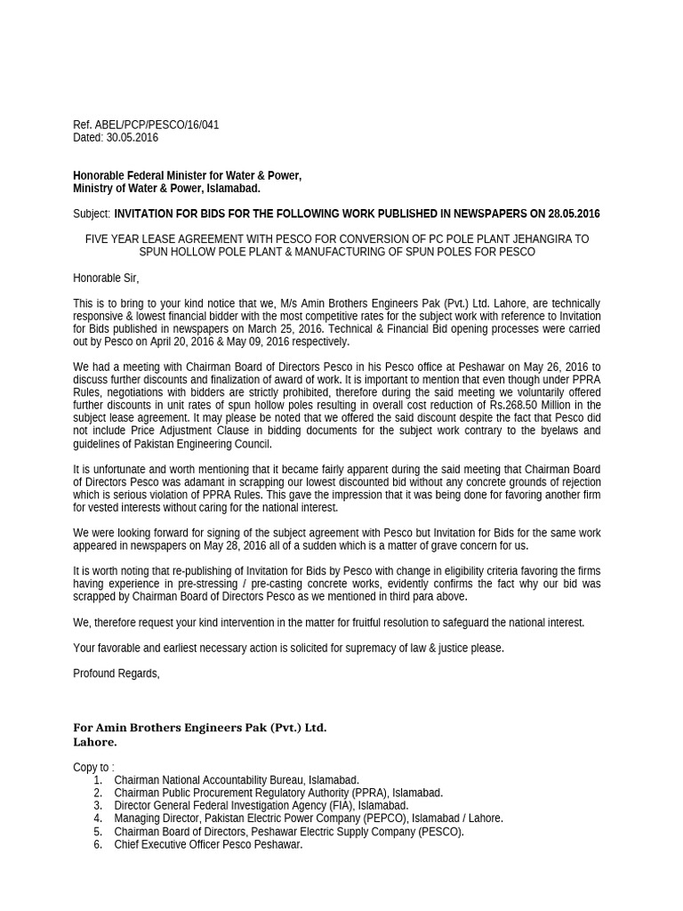 Amin Bros-Spun Pole Lease-Request For Intervention | PDF