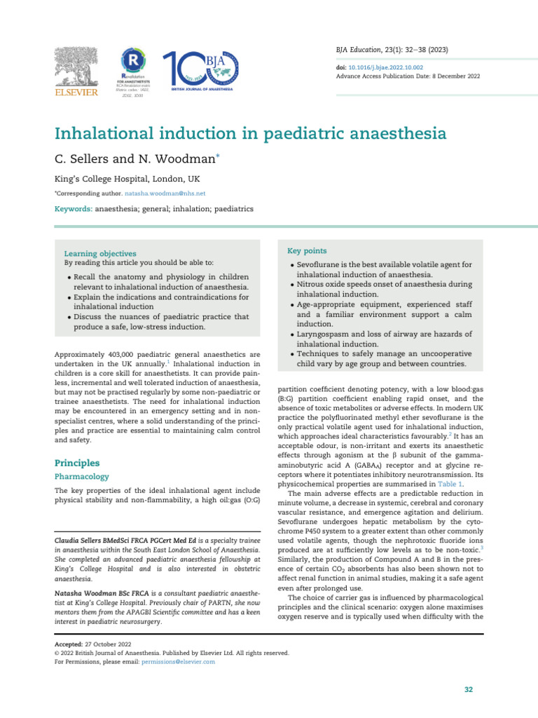 Inhalational Induction in Paediatric Anaesthesia | PDF | Nitrous Oxide ...