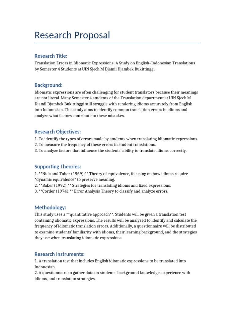 Research Proposal Idiomatic Translation Errors | PDF