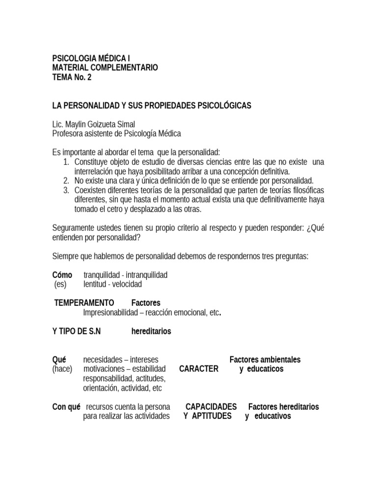 Material Complementario Tema 2 La Personalidad y Sus Porpiedades Psicologicas | PDF ...