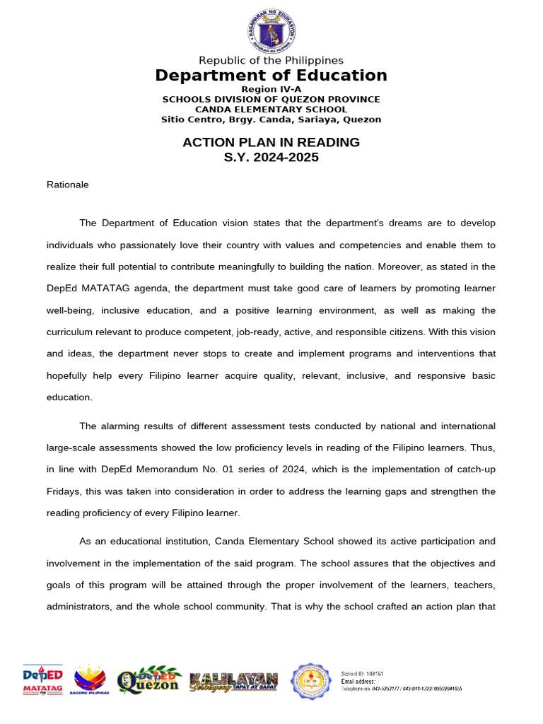 Canda Elementary School Reading Action Plan | PDF | Learning | Human ...