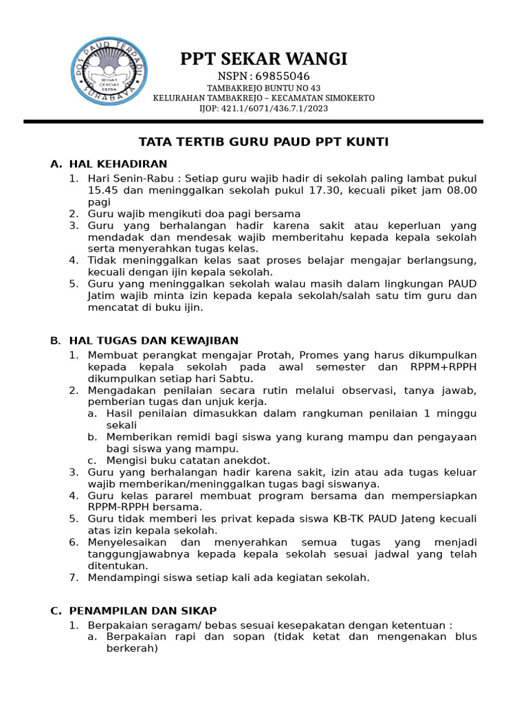 Tata Tertib Guru Paud Ppt Sekar Wangii | PDF