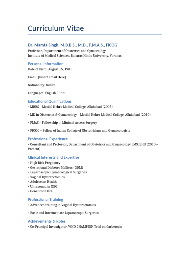 Dr. Mamta Singh: Obstetrics Expert CV | PDF
