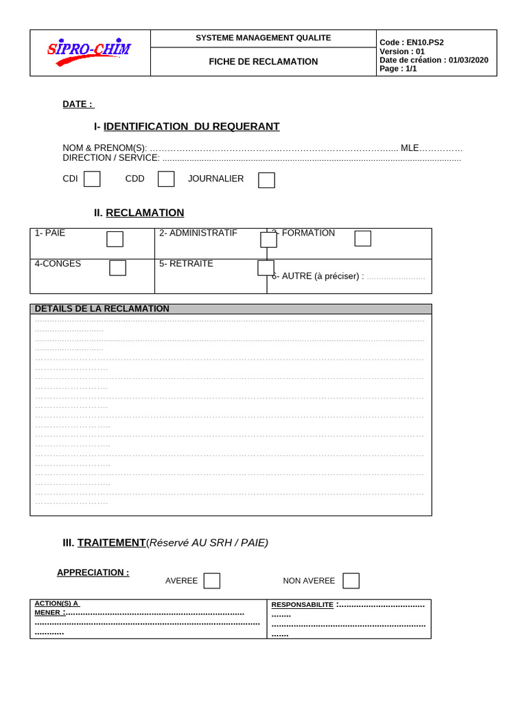 En10.Ps2 Fiche de Reclamation | PDF