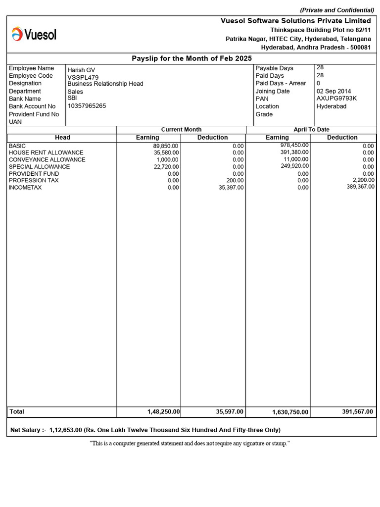 Harish GV Feb 2025 Payslip | PDF | Factor Income Distribution ...