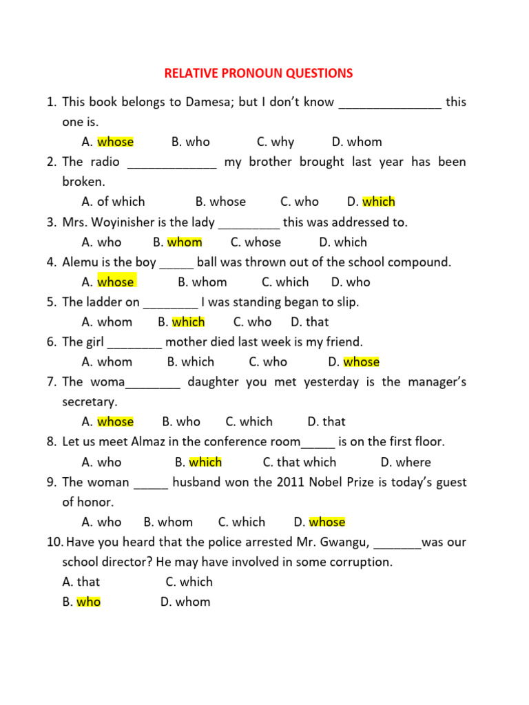 Ans - Relative Pronoun Questions | PDF