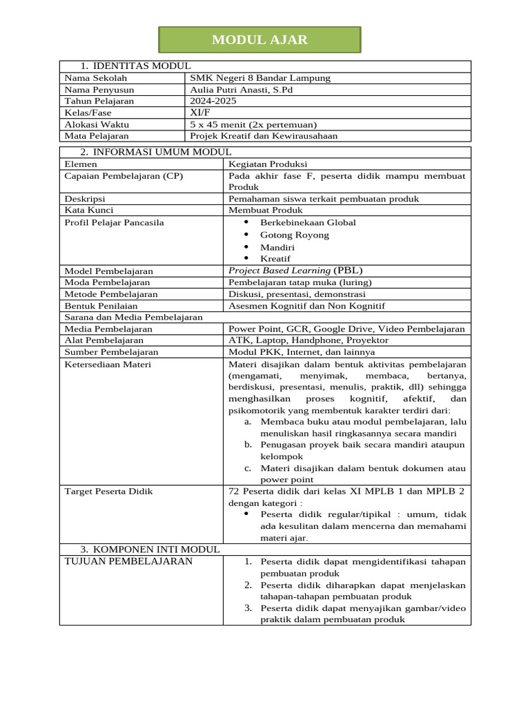 Modul Ajar Membuat Produk | PDF
