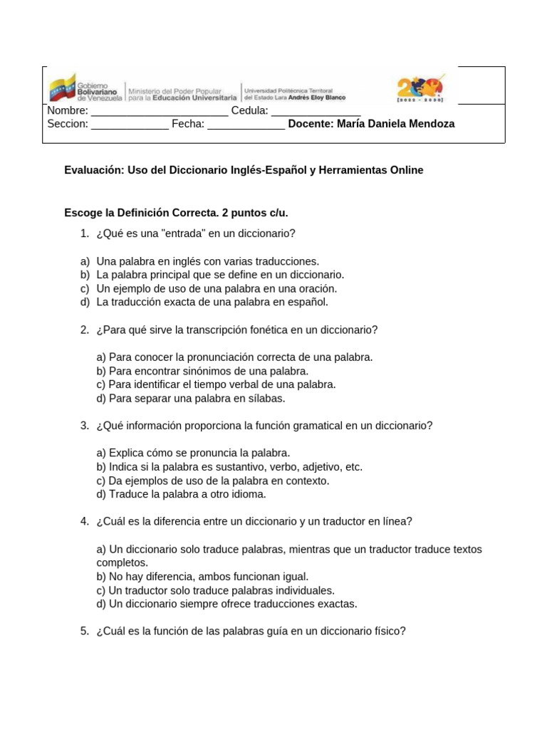 Uso Del Diccionario Evaluacion | PDF