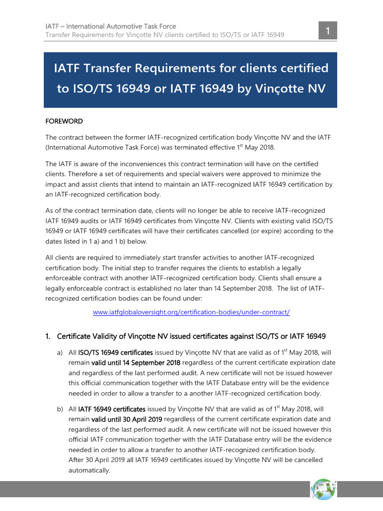 IATF Special Transfer Requirements For Vincotte Clients | PDF | Audit ...