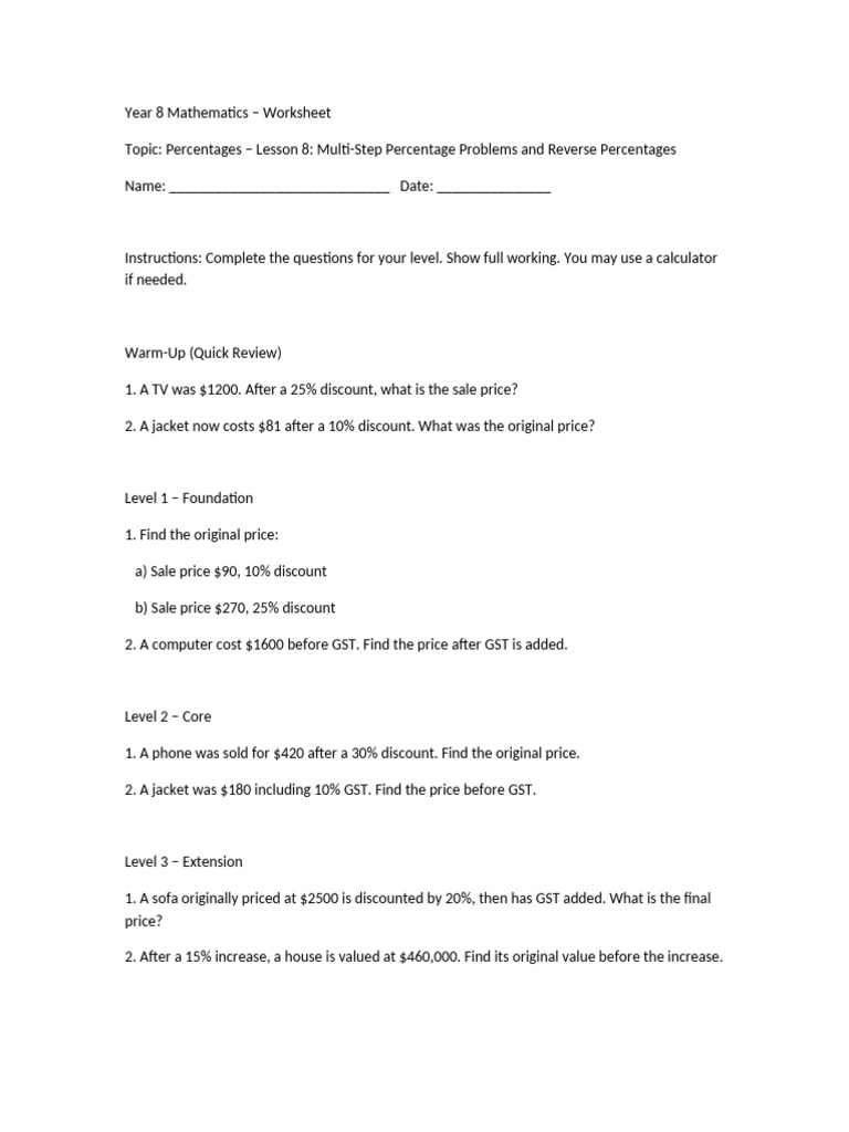 Year 8 Percentages Worksheet | PDF
