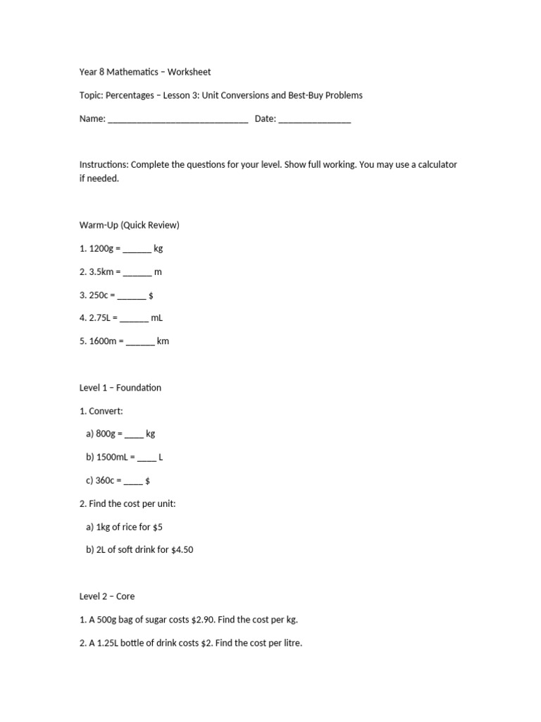 Percentages and Unit Conversions Worksheet | PDF