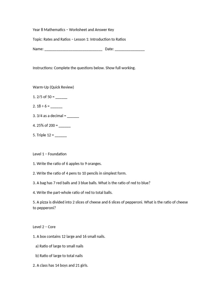 Year 8 Rates and Ratios Worksheet | PDF