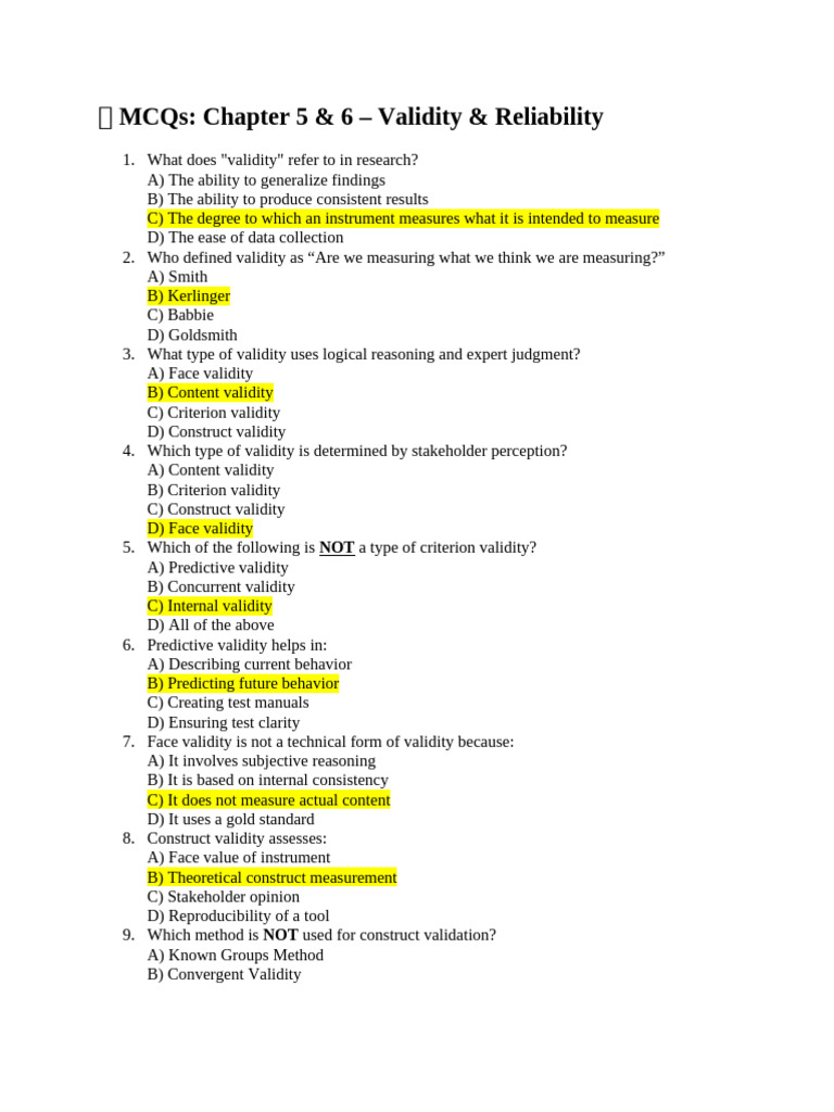 2.MCQs Validity & Reliability | PDF | Validity (Statistics) | Cronbach's Alpha