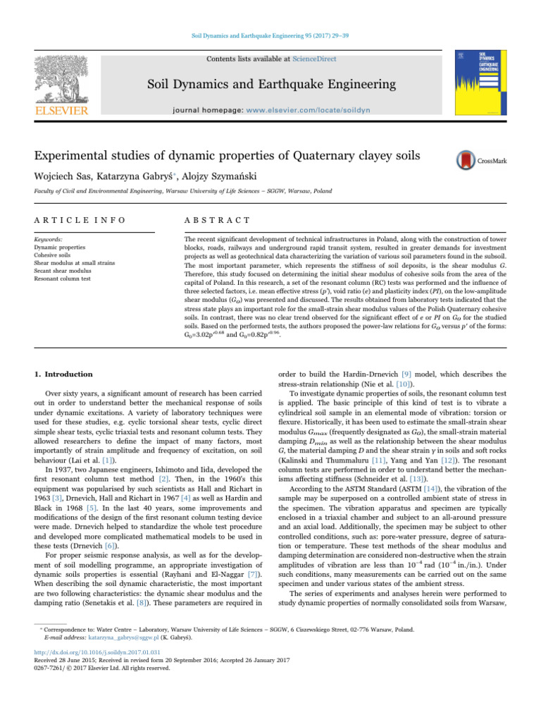 Experimental Studies of Dynamic Properties of Quaternary Clayey Soils ...