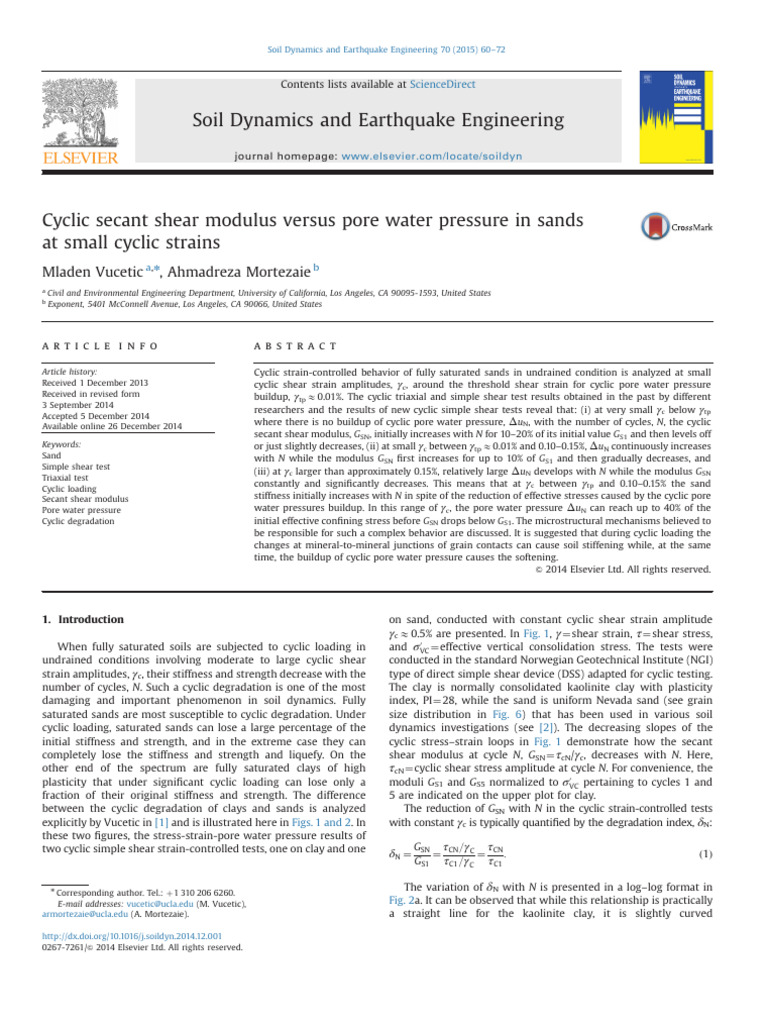Cyclic Secant Shear Modulus Versus Pore Water Pressure in Sands at ...