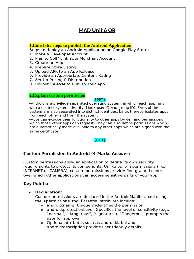 MAD Unit 2 Answers (CHP 6) | PDF | Android (Operating System) | Google Play