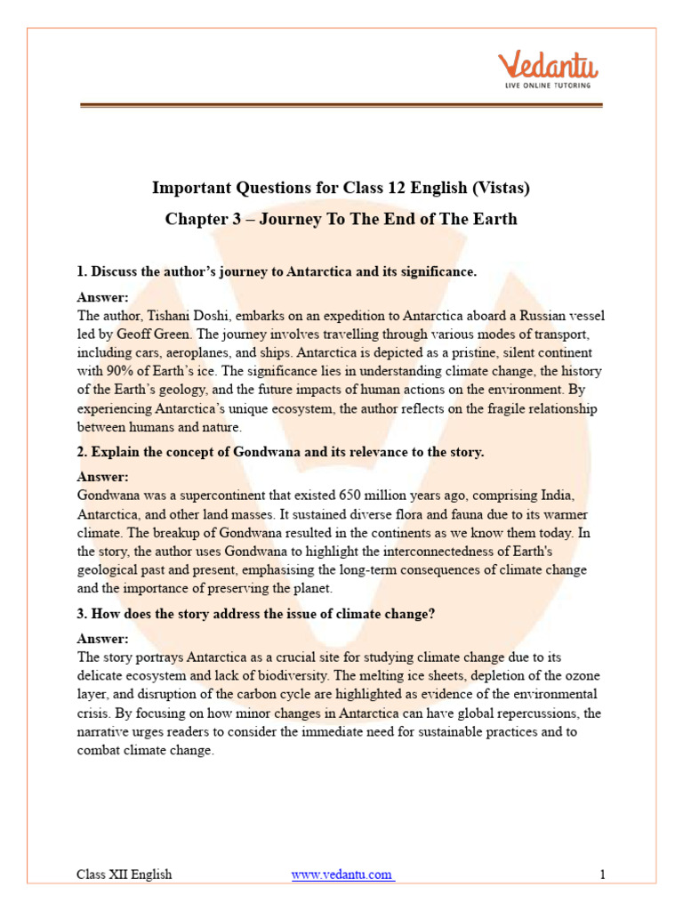 Important Questions Class 12 English Vistas Chapter 3 | PDF ...