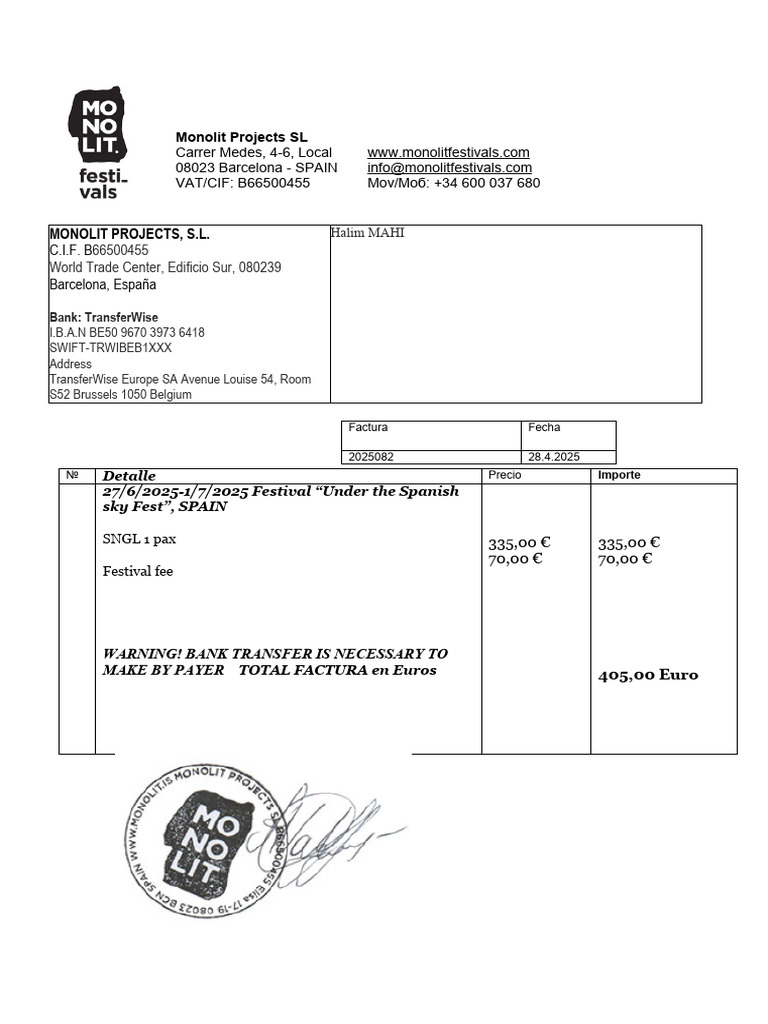 Under the Spanish Sky Fest Invoice | PDF