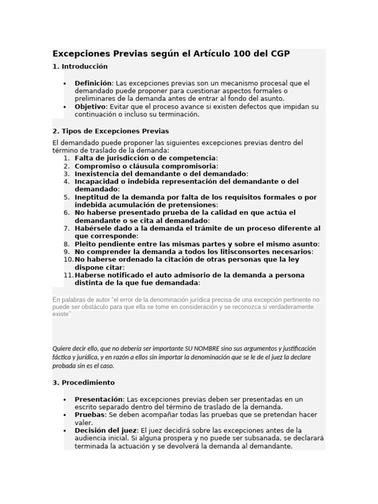 Excepciones Previas Según El Artículo 100 Del CGP | PDF | Demanda ...