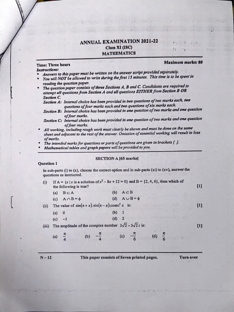 Maths Class XI 2021-22 Paper | PDF | Functions And Mappings ...