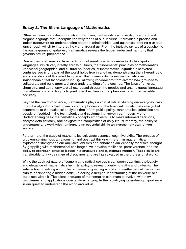 Essay 2 - The Silent Language of Mathematics | PDF | Mathematics | Thought