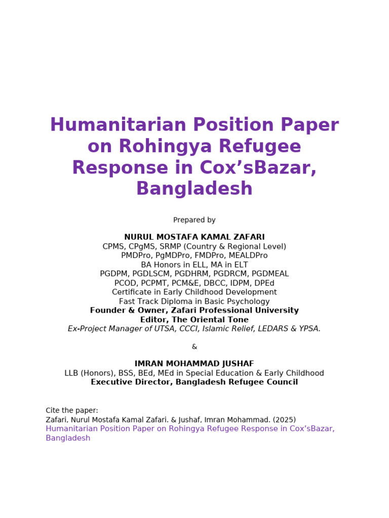 Humanitarian Position Paper On Rohingya Refugee Response in Cox'sBazar ...