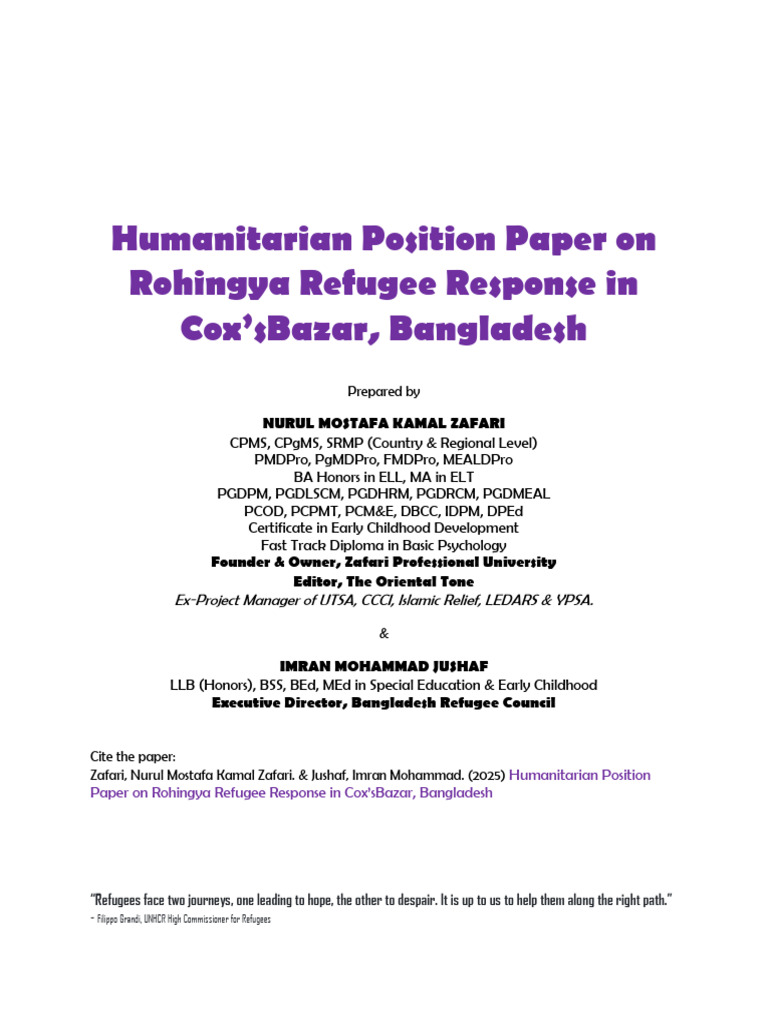 Humanitarian Position Paper On Rohingya Refugee Response in Cox'SBazar ...