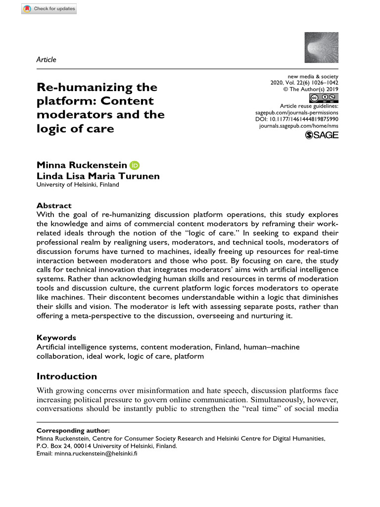 Re-Humanizing The Platform Content Moderators and The Logic of Care | PDF | Internet Forum ...