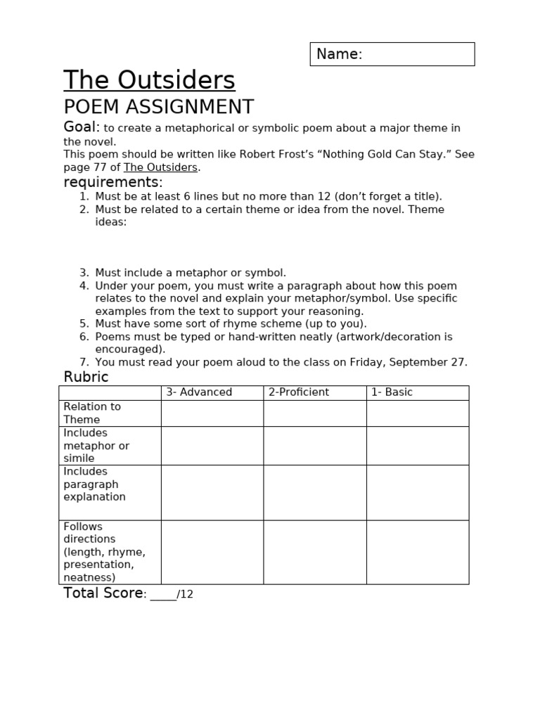 Poem Assignment on The Outsiders Theme | PDF