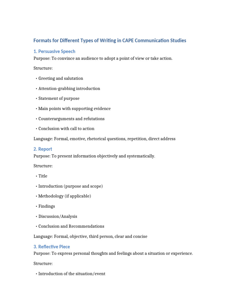 CAPE Communication Studies Writing Formats | PDF