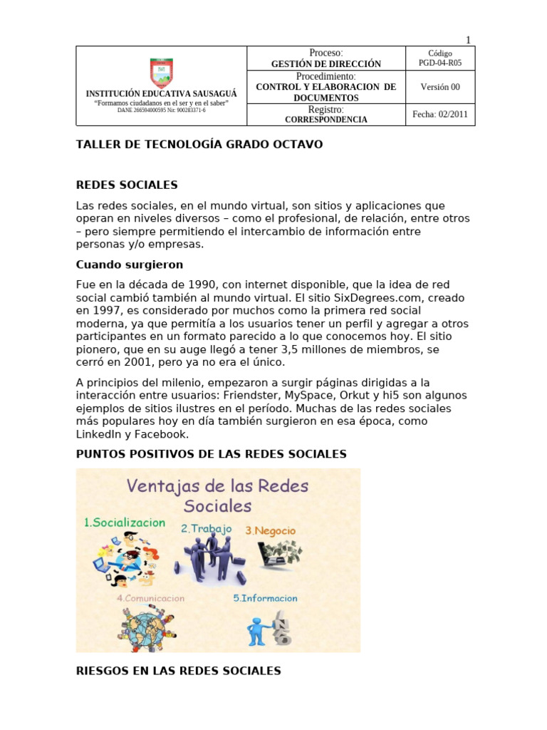 Taller de Tecnología: Redes Sociales 8° | PDF | Servicio de redes ...