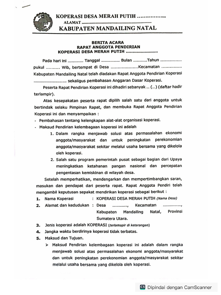 Berita Acara Rapat Anggota Pendirian Koperasi Desa Merah Putih | PDF
