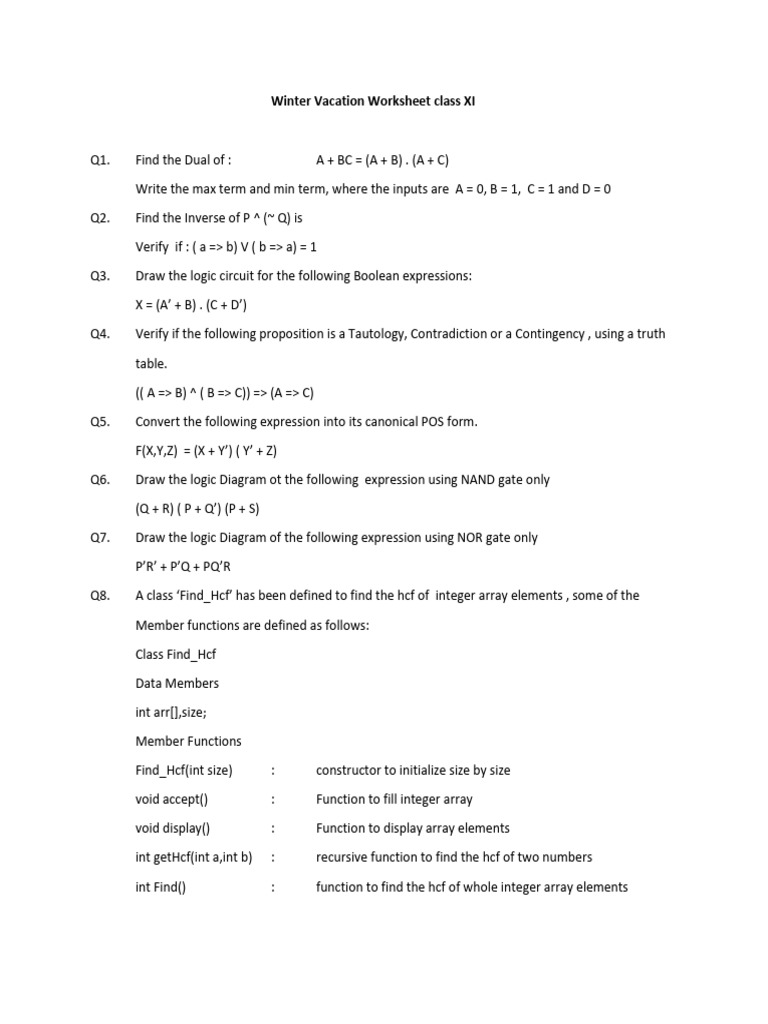 Winter Vacation Worksheet Class XI | PDF | Mathematics | Computer ...