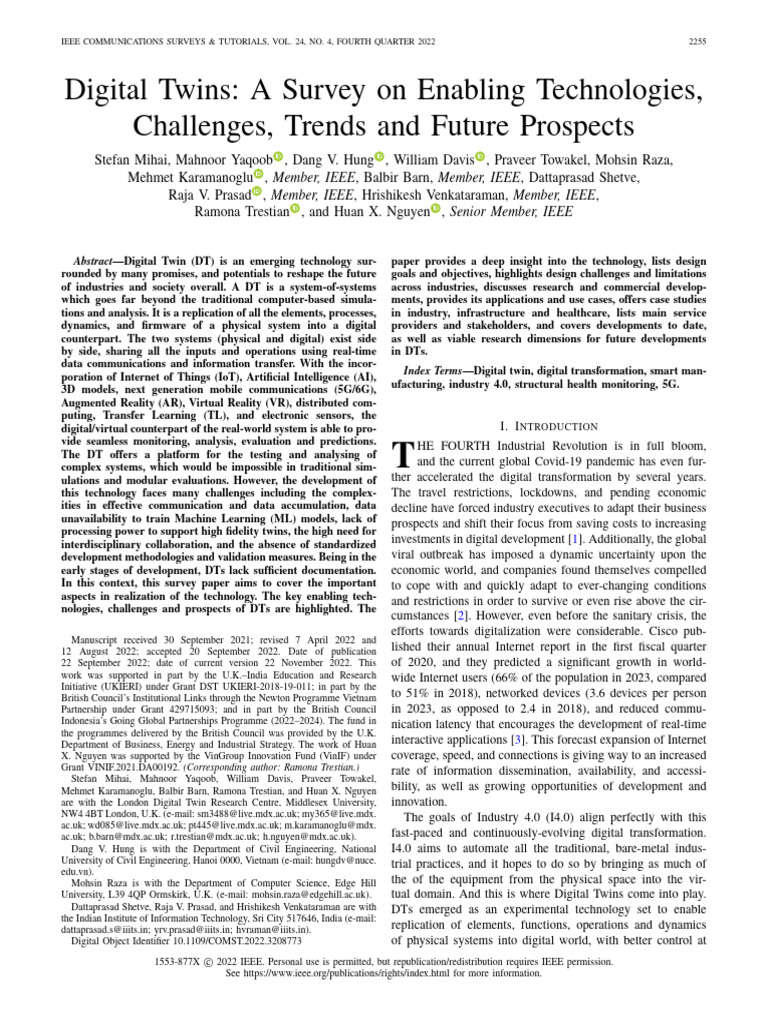 Digital Twins a Survey on Enabling Technologies Challenges Trends and Future Prospects | PDF ...
