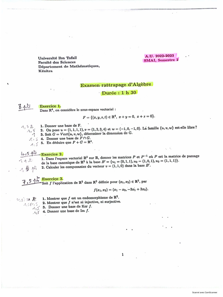 Examen Algèbre 2023-2022 Rattrapage | PDF