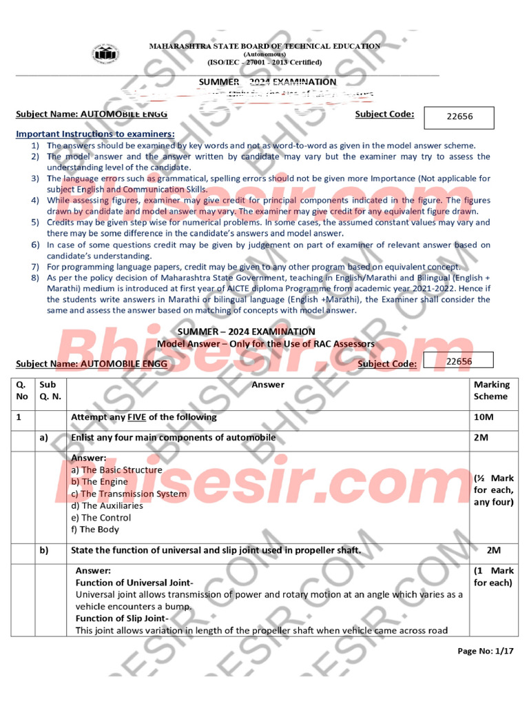 Automobile Engineering Summer 2024 Model Answer Papers. | PDF
