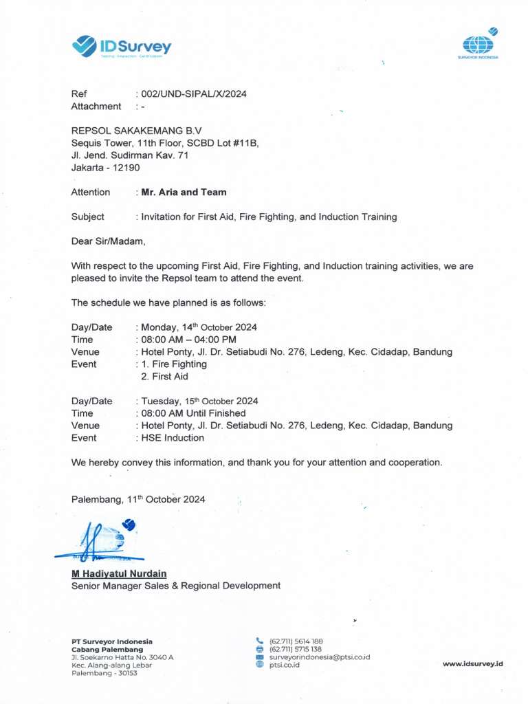 Invitation Letter for First Aid, Fire Fighting and Induction Training | PDF
