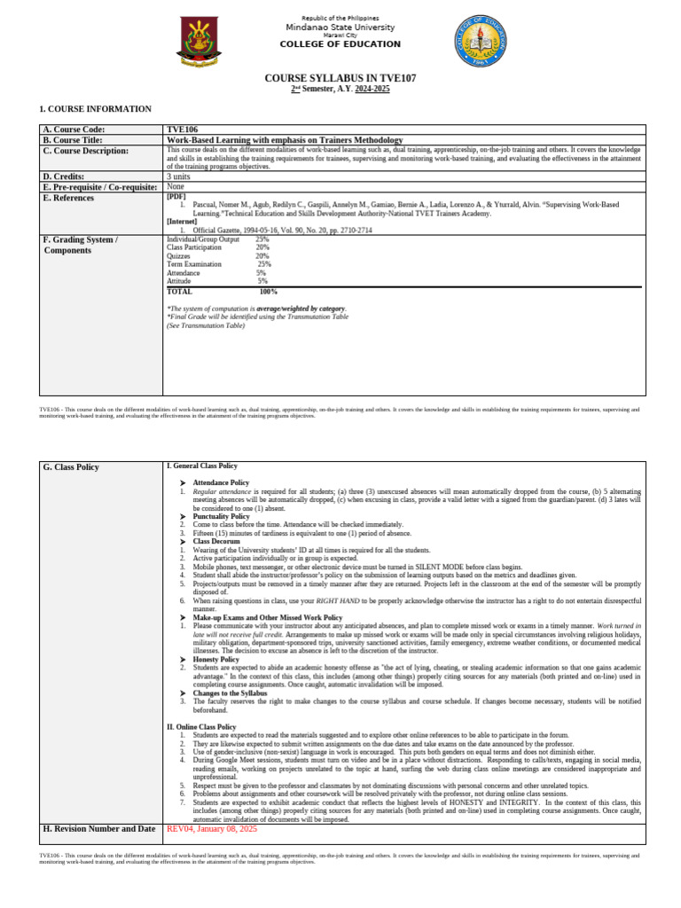 Version 2 Course Syllabus TVE106 BTVTEd | PDF | Teachers | Teacher ...