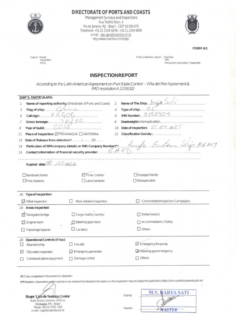 PSC Inspection Paranagua Brazil 25.04.2025 | PDF
