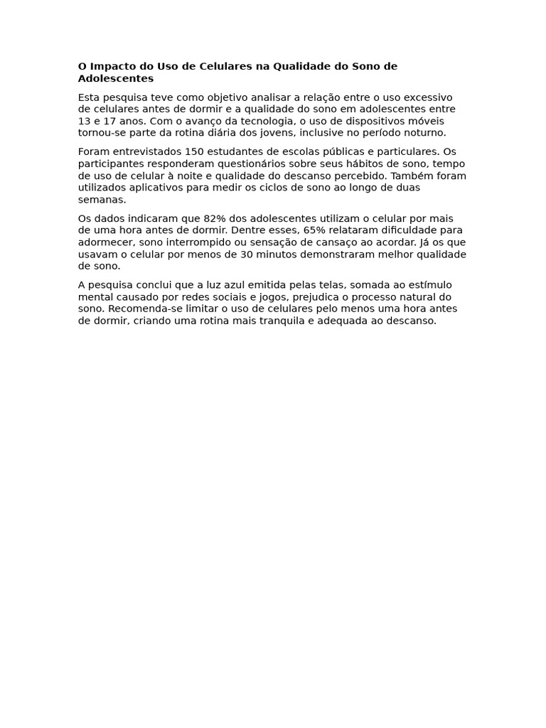 Celulares e Sono: Impacto em Adolescentes | PDF