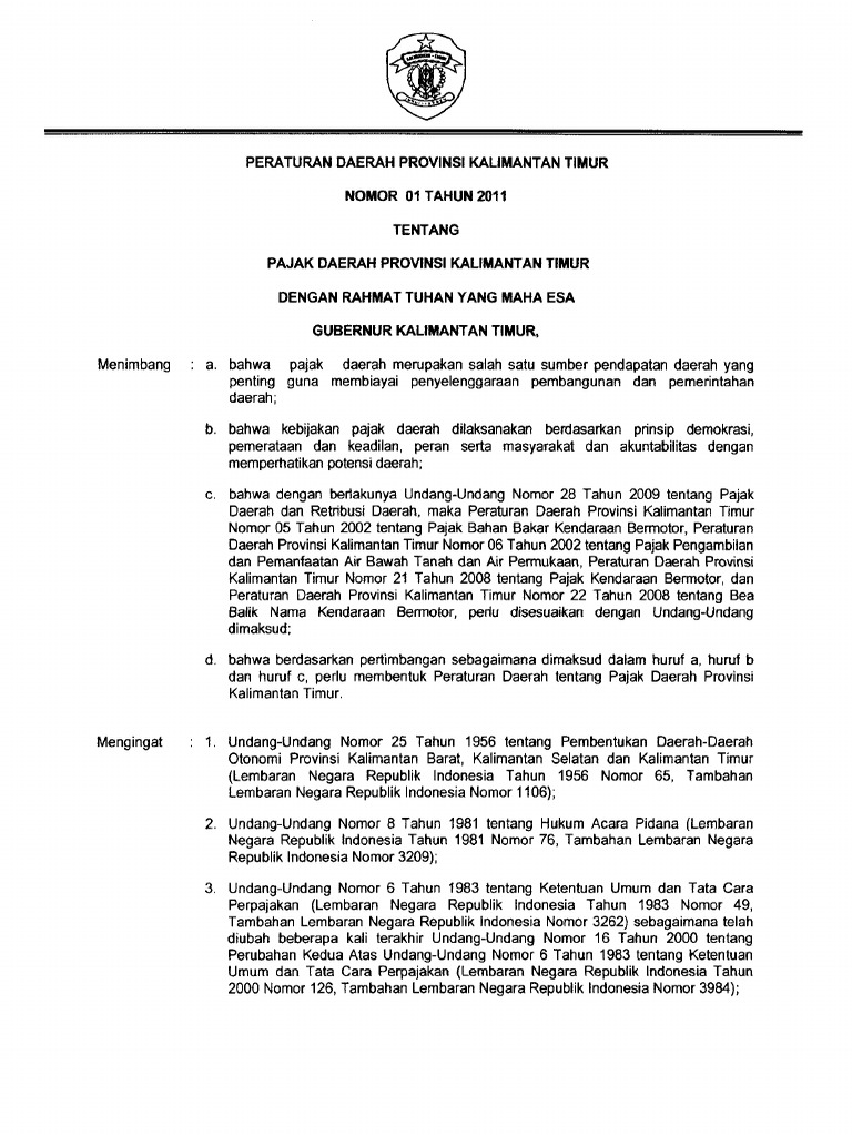 Perda.01.2011 TTG Pajak Daerah Provinsi Kalimantan Timur | PDF