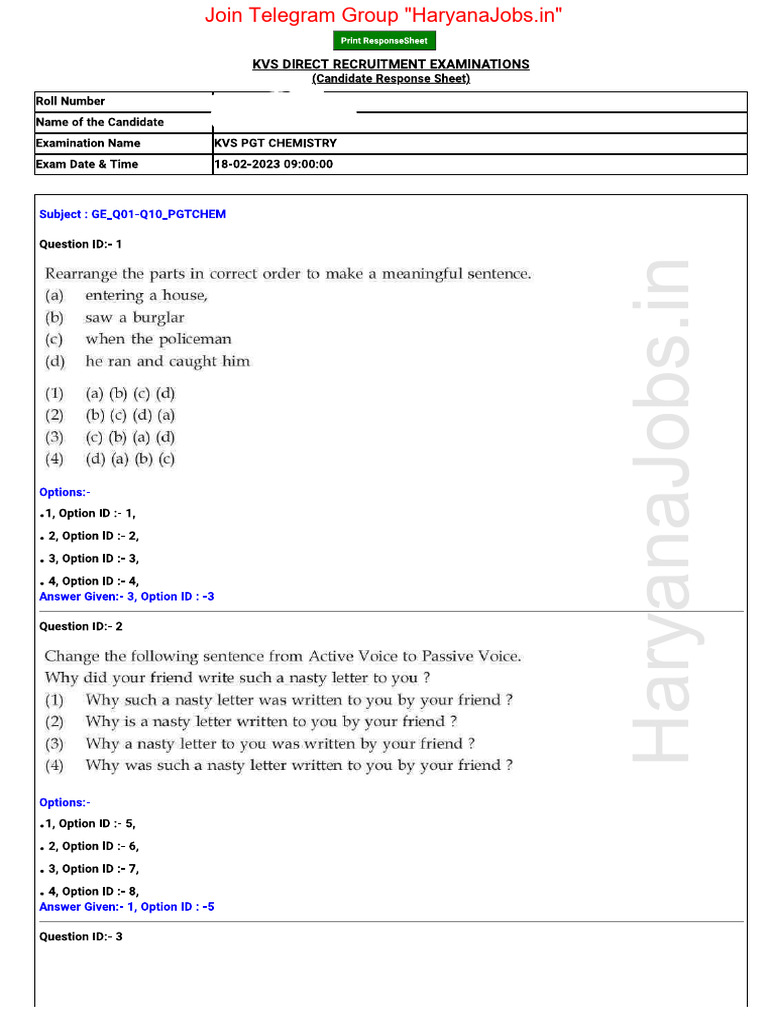 KVS PGT Chemistry 18 Feb 2023 1st Shift Question Paper | PDF